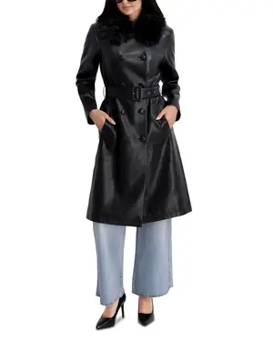 KENNETH COLE Faux Fur Collar Faux Leather Trench Coat