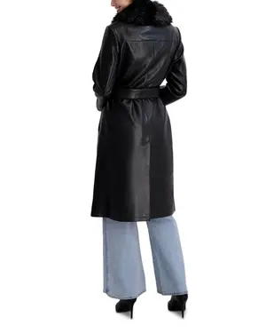 KENNETH COLE Faux Fur Collar Faux Leather Trench Coat