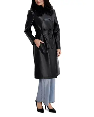 KENNETH COLE Faux Fur Collar Faux Leather Trench Coat