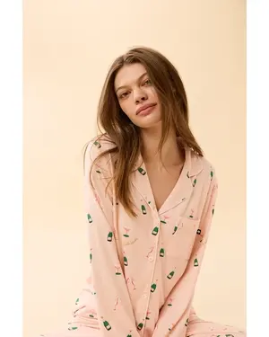 Kate Spade New York Brushed Sweater Knit Notch Collar Pajama Set - Blush Spaced Dot