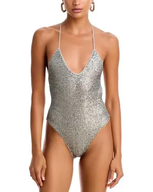 Norma Kamali Fara Sequinned Low Back Strappy Swimsuit
