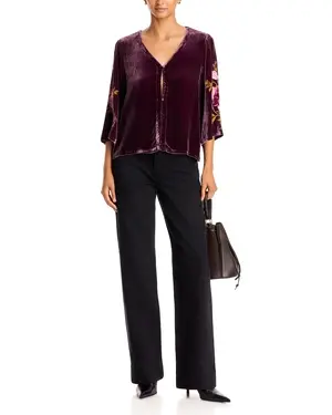 Johnny Was Velvet Embroidered Sleeve Top
