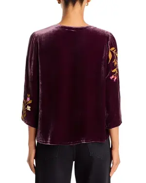 Johnny Was Velvet Embroidered Sleeve Top