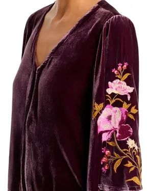 Johnny Was Velvet Embroidered Sleeve Top