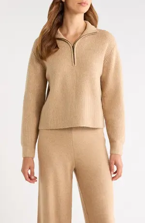 Marine Layer Chalet Cotton Blend Quarter Zip Sweater - Camel