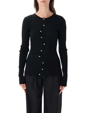 OPERASPORT Ribbed Button-front Long Sleeve Cardigan Top - Nero