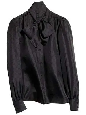Gucci Silk Allover Gg Print Self-tie Bow Shirt With Buttoned Cuffs - Nero