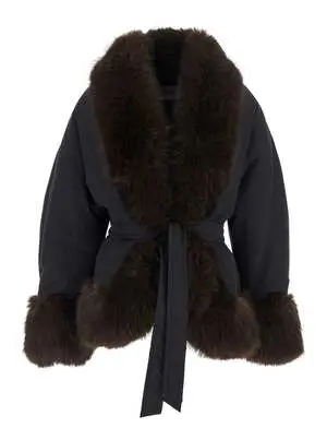 Andamane Brina Faux Fur Tech Fabric Jacket With High Collar And Side Pockets