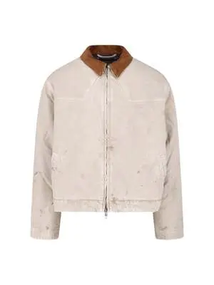 Balenciaga Distressed Zip Front Jacket With Corduroy Collar - Beige