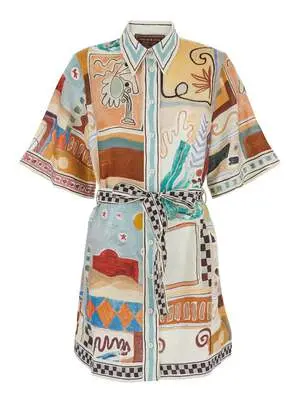 ALEMAIS Linen Point-collar Mini Dress With Self-tie Belt
