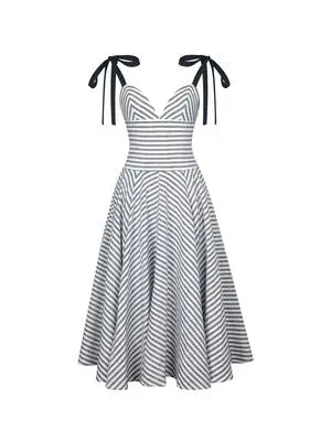 MISS CIRCLE NEW YORK Riley & White Striped Linen Flared Midi Dress - Black