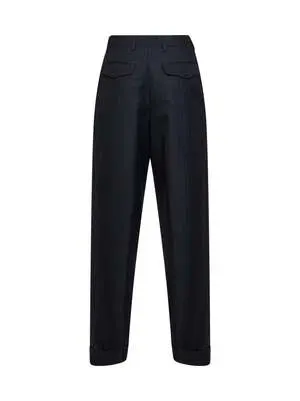 Dries Van Noten Navy Blue Chevron Wool Pantan Double-pleated Trousers