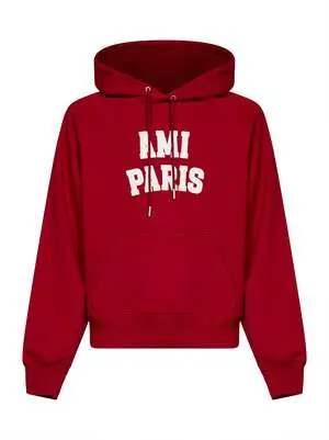 AMI Paris Red Loopback Cotton Hoodie With Embroidery - Multicolor