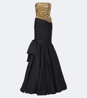 LA FUORI Là Fuori Gilded Geo Draped Sequined Bustier Gown
