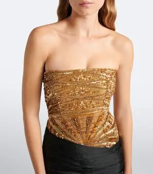 LA FUORI Là Fuori Gilded Geo Draped Sequined Bustier Gown