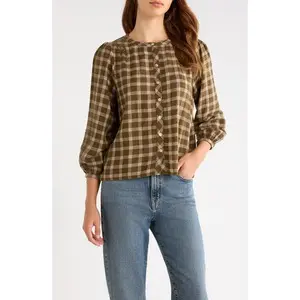 Marine Layer Millie Plaid Wool Blend Top - Olive Plaid