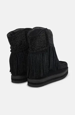 ALMA EN PENA Fur Fringed Bootie - Black