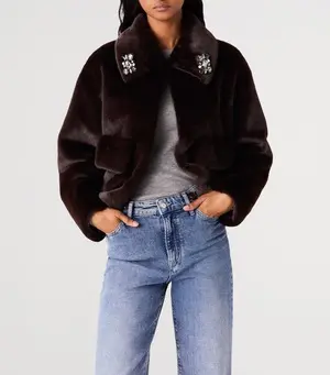 Maje Faux Fur Cropped Jacket - Brown