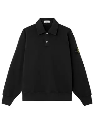 Stone Island Crewneck Sweatshirt With Polo Collar And Oversize Fit - Black