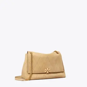 Tory Burch Tory Burch Charlie Quilted Suede Shoulder Bag Stone