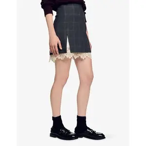 Sandro Checked Lace-panel Stretch Wool-blend Mini Skirt