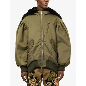 Simone Rocha Split Faux-fur Hood Oversized Woven Bomber Jacket - Black/black