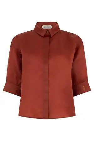 Alberta Ferretti Silk Button-front Three-quarter Sleeve Shirt With Classic Collar - Copper