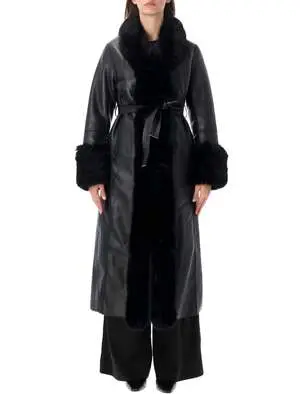 URBANCODE Faux Leather Faux Fur Trim Belted Long Coat - Nero