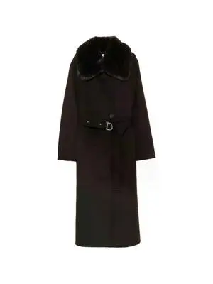 Maje Long Coat With Faux Fur Collar - Brown