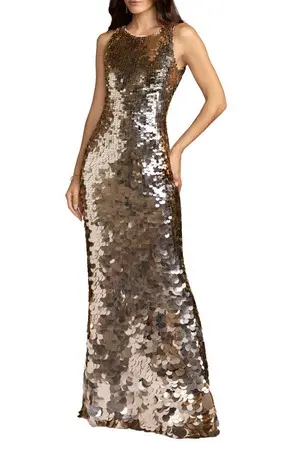 Mac Duggal Sleeveless High Neck Disc Sequin A Line Gown - Gold