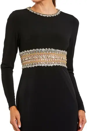 Mac Duggal Long Sleeve Gown With Embellished Cut Out - Black