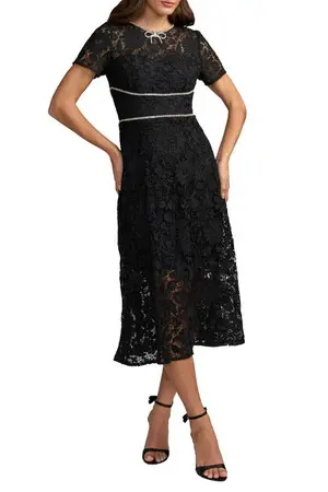 Mac Duggal Short Sleeve Lace Midi Dress With Rhinestone Trim - Black