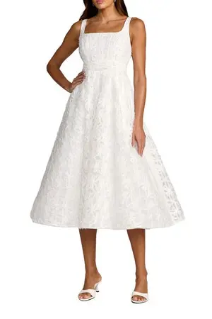 Mac Duggal Tulle Floral Midi Dress With Pockets - Ivory