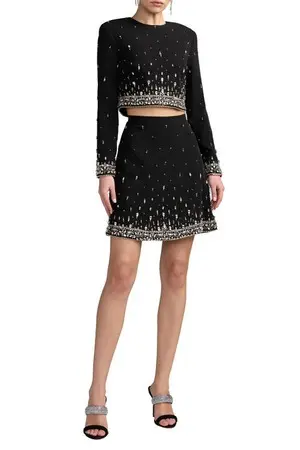 Mac Duggal Beaded Crepe Long Sleeve Top And Mini Dress - Black