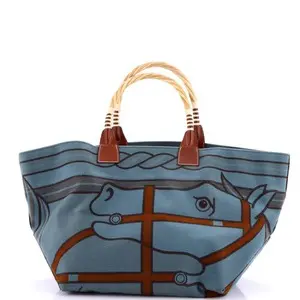 Hermès Sac Steeple Tote Printed Toile With Wood - Blue