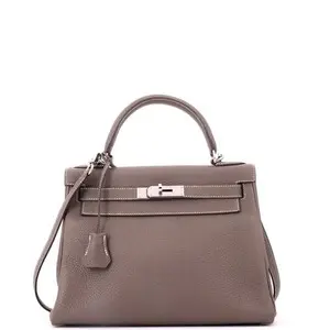 Hermès Kelly Handbag Clemence With Palladium Hardware 28 - Grey