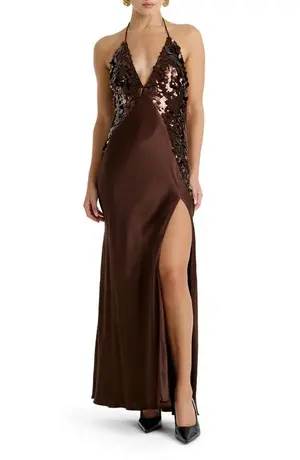 Bardot Paillette Halter Satin Gown - Chocolate