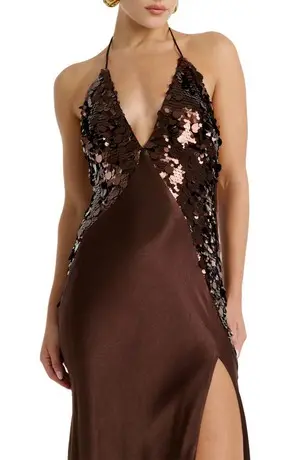 Bardot Paillette Halter Satin Gown