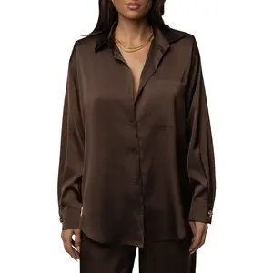 JLUXLABEL Island Ease Collared Satin Top Chocolate