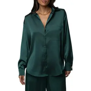 JLUXLABEL Island Ease Collared Satin Top - Emerald