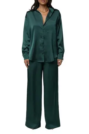 JLUXLABEL Island Ease Collared Satin Top - Emerald