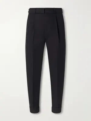 Officine Générale Hugo Tapered Pleated Belted Virgin Wool-hopsack Trousers - Black