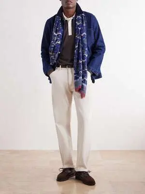 DRAKE'S Archival Animals Frayed Printed Wool And Silk-blend Gauze Scarf
