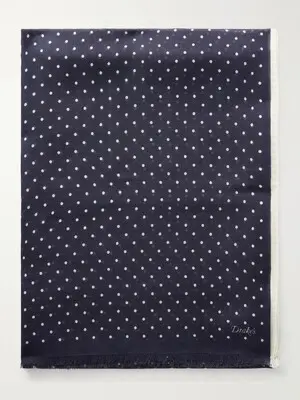 DRAKE'S Shoestring Frayed Polka-dot Wool And Silk-blend Twill Scarf - Blue