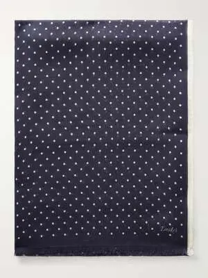 DRAKE'S Shoestring Frayed Polka-dot Wool And Silk-blend Twill Scarf - Navy