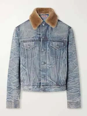 Acne Studios Distressed Plush-trimmed Denim Jacket - Blue