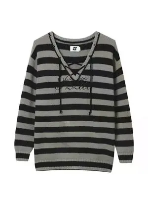 Izzue Striped Lace-up Sweater - Grey