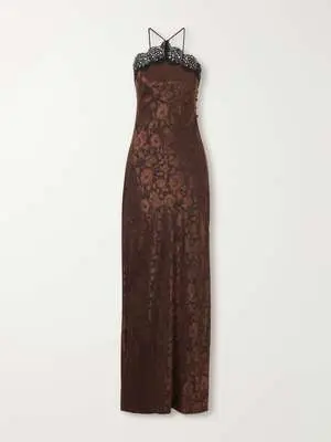 Veronica Beard Rue Lace-trimmed Floral-jacquard Silk-blend Satin Maxi Dress - Brown