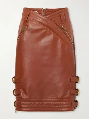 Versace Wrap-effect Buckle-detailed Leather Knee-length Skirt - Brown