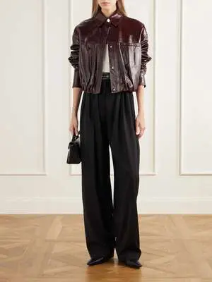 Sportmax Liuti Cropped Gathered Leather Biker Jacket